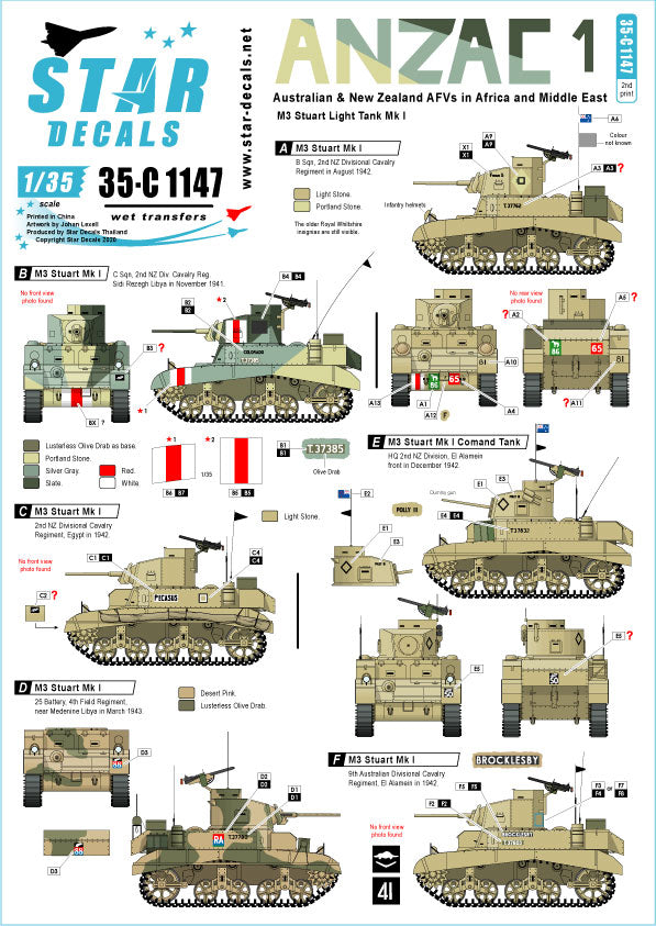 Star Decals 1/35 ANZAC # 1. New Zealand & Australian M3 Stuart Light T ...