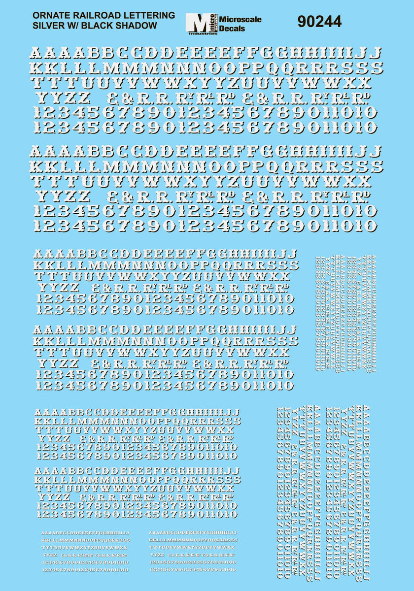 Microscale Decals HO Ornate Railroad Letters And Numbers Silver W/Blac ...